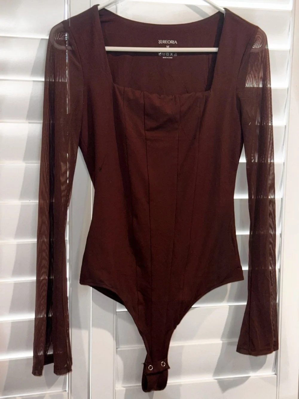 ReoRia | Tops | Reoria Chocolate Brown Sheersleeve Square Neck Bodysuit ...